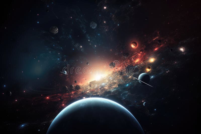 Supernova in a Galaxy of Stars, with Planets and Moons Visible in the ...