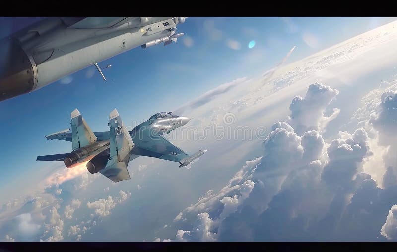 A Supersonic Fighter Jet Flies Above the Clouds during Training Stock ...