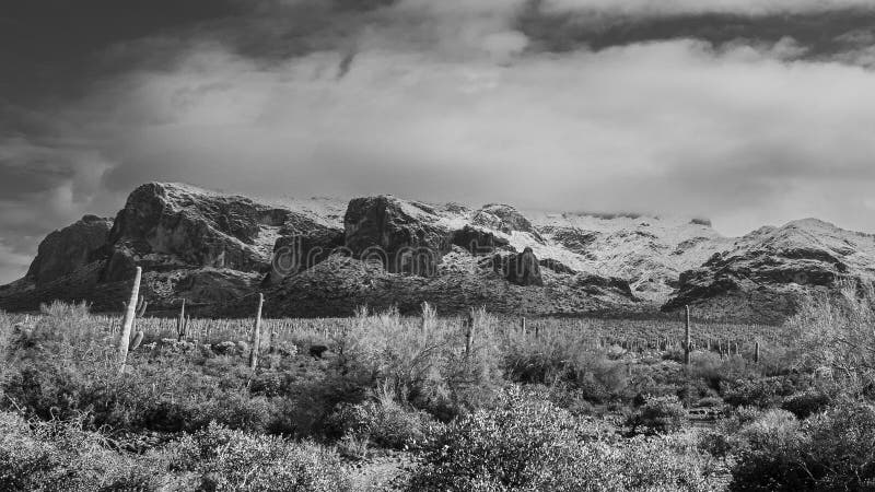 Snow on the Superstition Mountains. Arizona. Mesa. Black and White ...