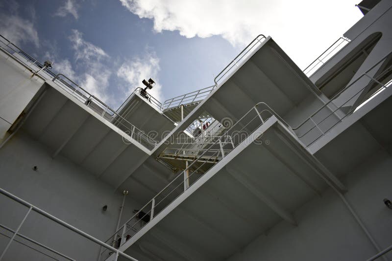 Superstructure Side View of a Cargo Ship from Down Below with ...