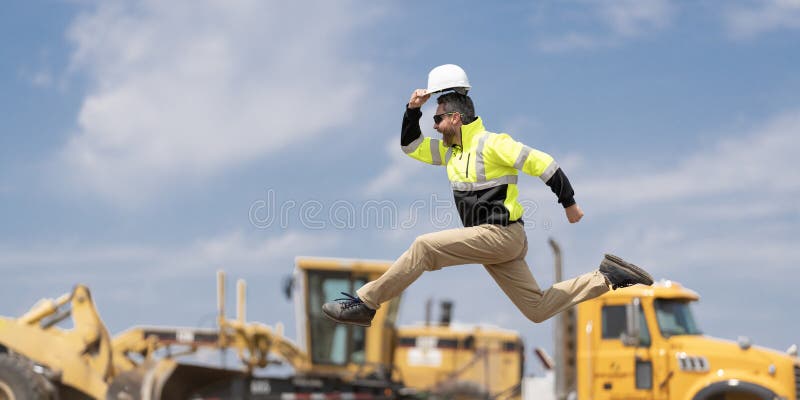 Supervisor Jumping. Excited Construction Builder. Worker Jumping Heavy ...