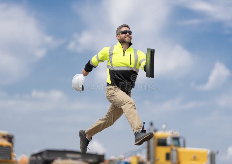 Supervisor Jumping from Happiness. Excited Builder Construction Worker ...