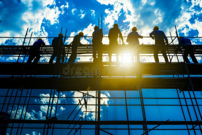 Supervisor Overseeing Construction Crew Working on Tall Building ...