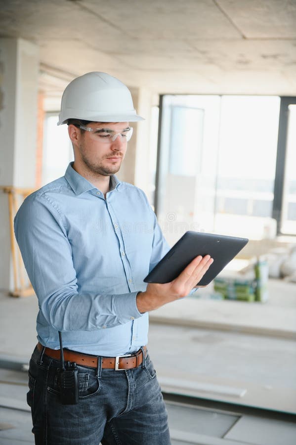 Supervisor Standing in Building in Construction Process, Holding Tablet ...