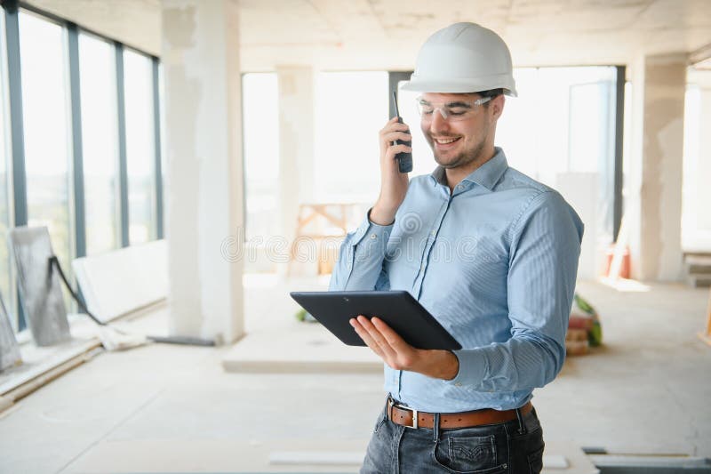 Supervisor Standing in Building in Construction Process, Holding Tablet ...