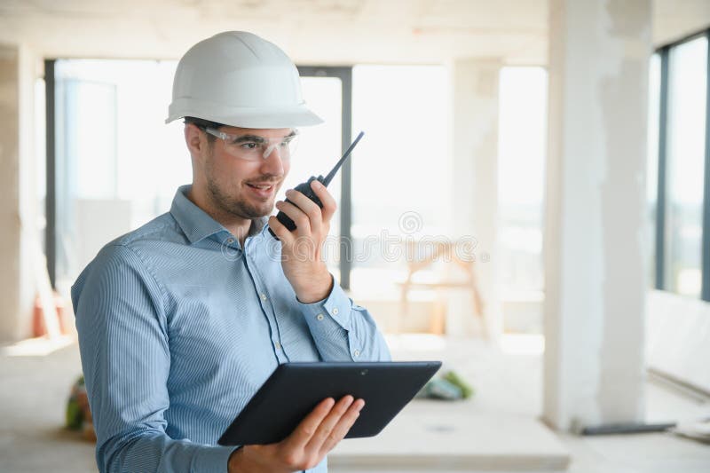 Supervisor Standing in Building in Construction Process, Holding Tablet ...