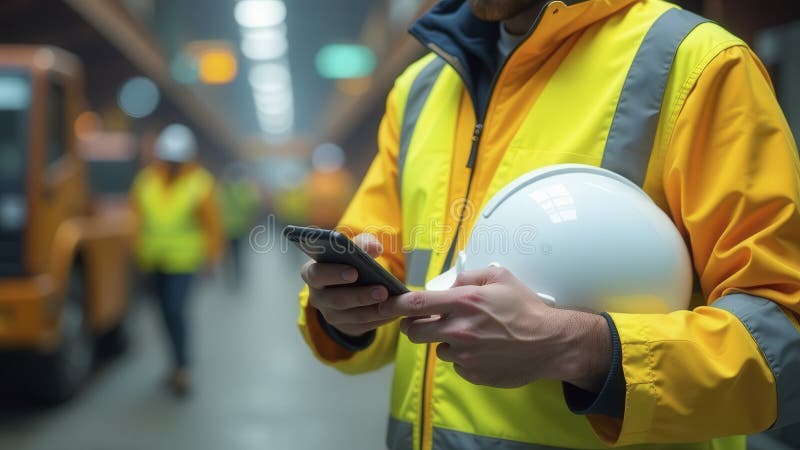 Supervisor Using Mobile Phone Holding Helmet Warehouse Stock Photos ...