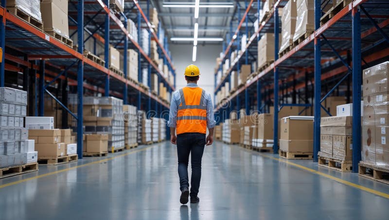 Supervisor Walking through Large Warehouse with Goods on Shelves Stock ...
