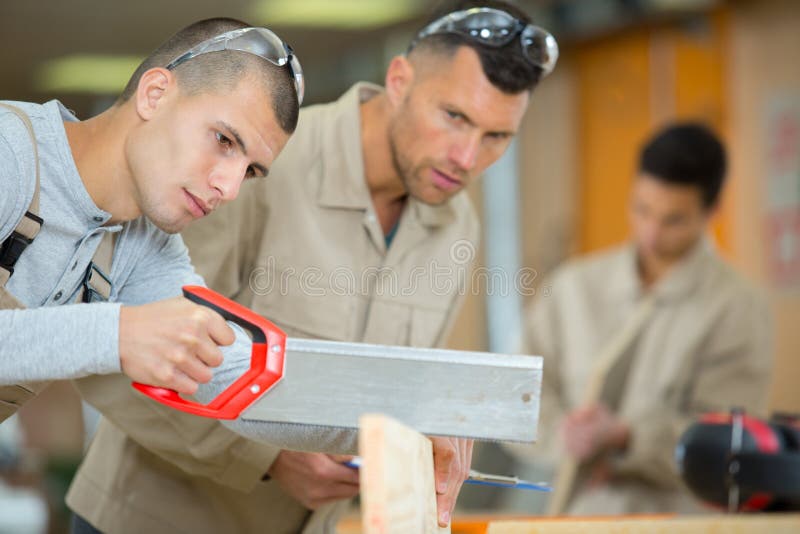 Supervisor Watching Apprentice Using Manual Saw Stock Photo - Image of ...