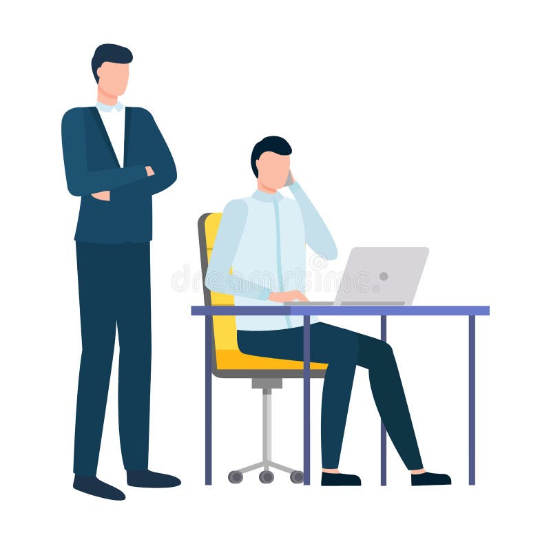 Man Working on Laptop, Boss of Worker Watching Stock Vector ...