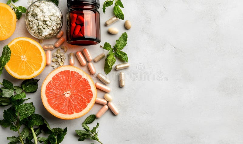 Supplement Bottles with Capsules and Soft Countryside Backdrop Stock ...
