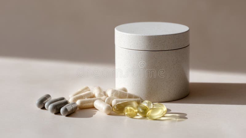 Supplement Container Surrounded by Various Vitamin Capsules Showcases a ...