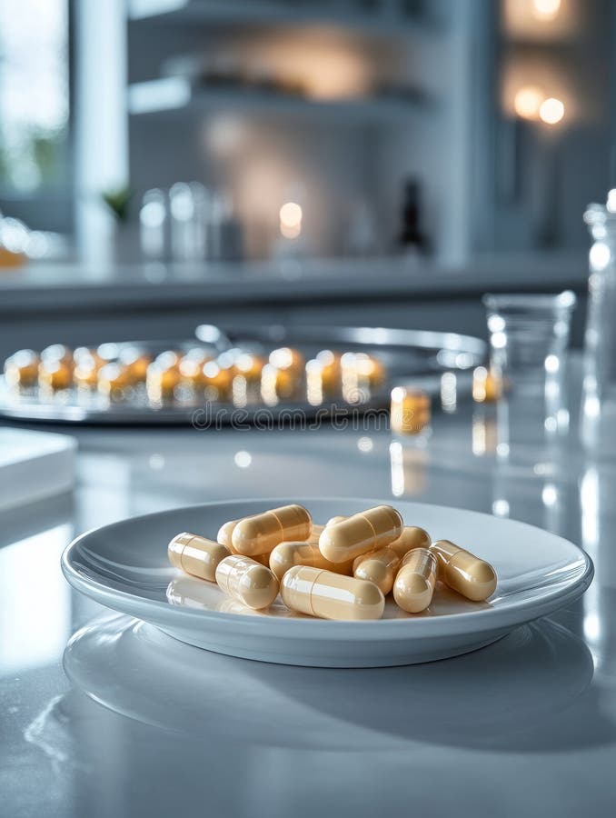 Supplements on a Plate in a Modern Kitchen Setting. Stock Image - Image ...