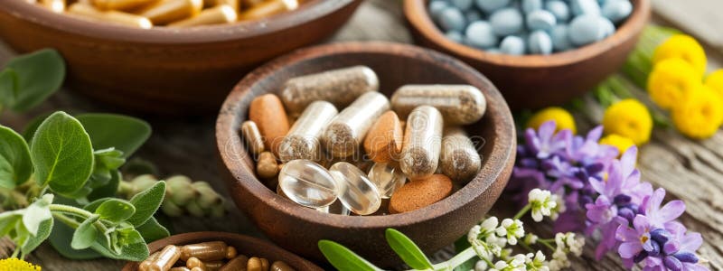 Supplements and Vitamins with Medicinal Herbs Stock Photo - Image of ...