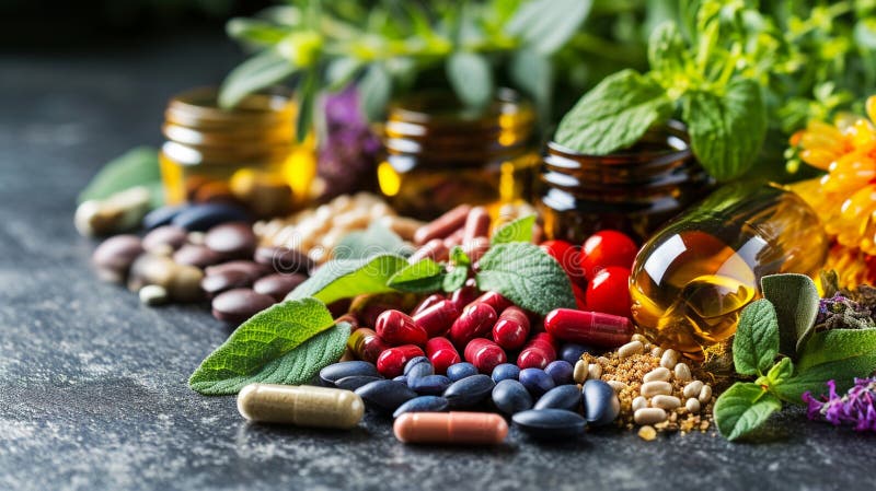 Supplements and Vitamins with Medicinal Herbs. Selective Focus ...