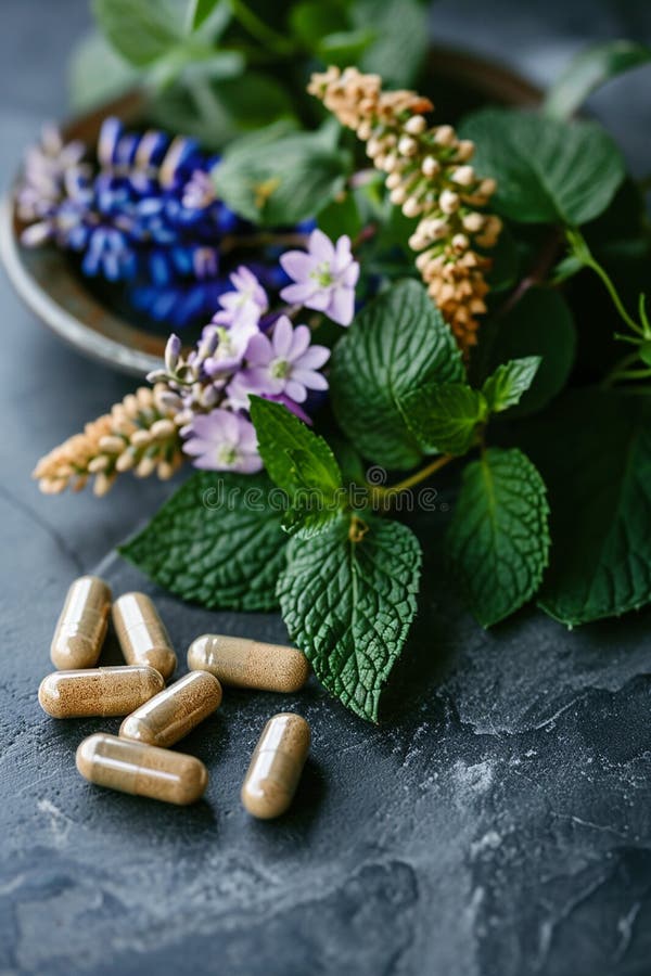 Supplements and Vitamins with Medicinal Herbs. Selective Focus ...