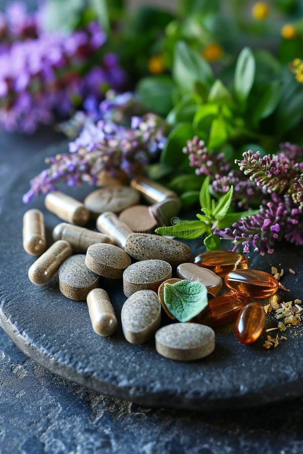 Supplements and Vitamins with Medicinal Herbs. Selective Focus ...