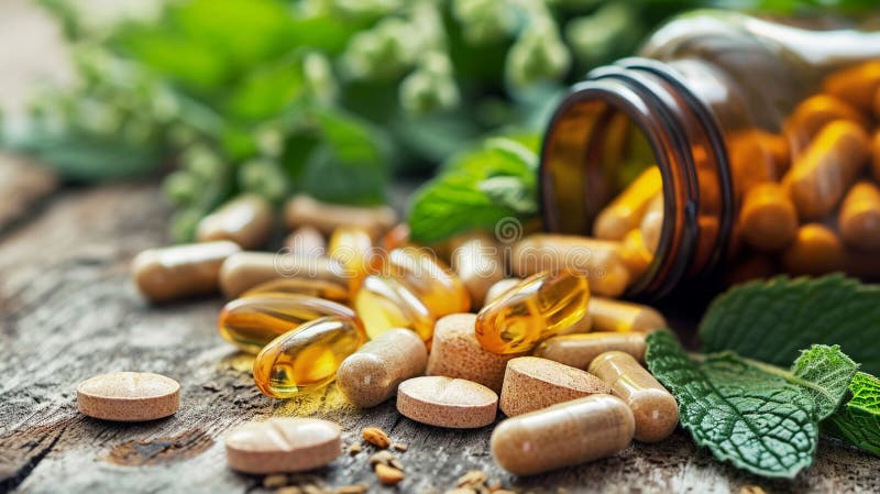 Supplements and Vitamins with Medicinal Herbs. Selective Focus ...