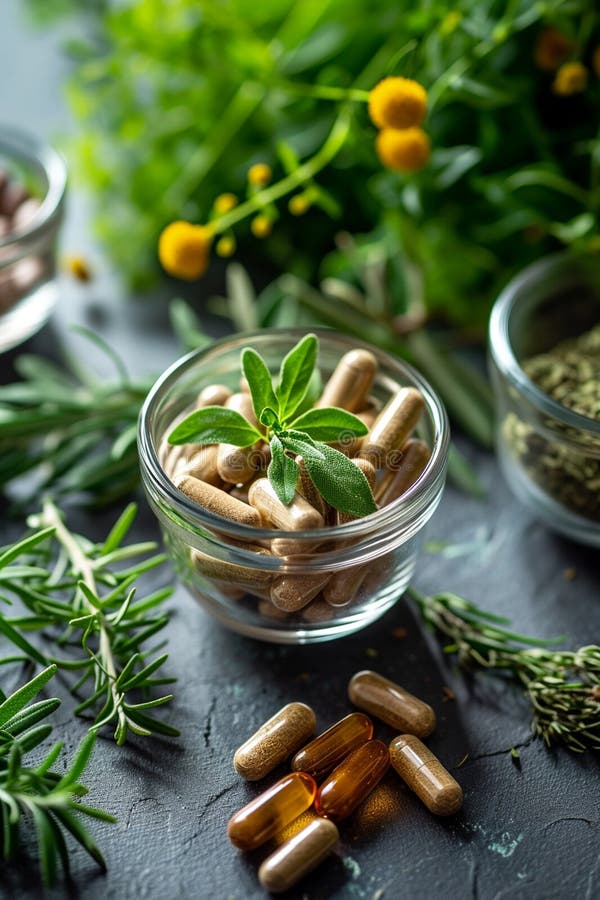 Supplements and Vitamins with Medicinal Herbs. Selective Focus ...