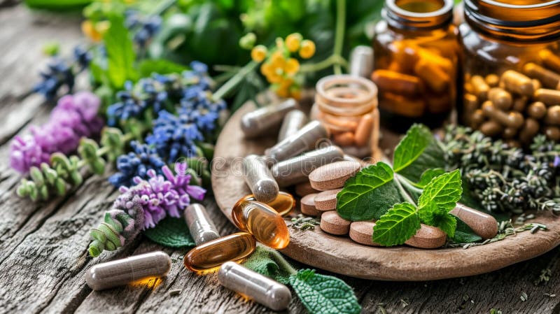 Supplements and Vitamins with Medicinal Herbs. Selective Focus ...