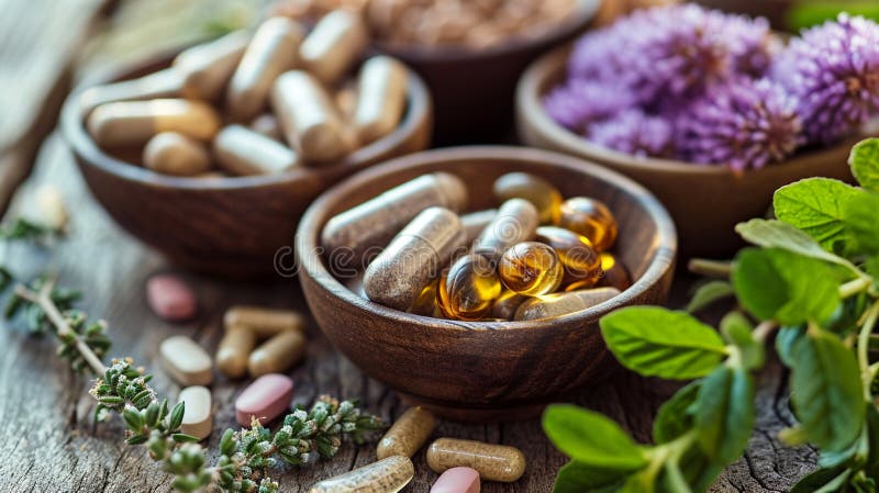 Supplements and Vitamins with Medicinal Herbs. Selective Focus ...