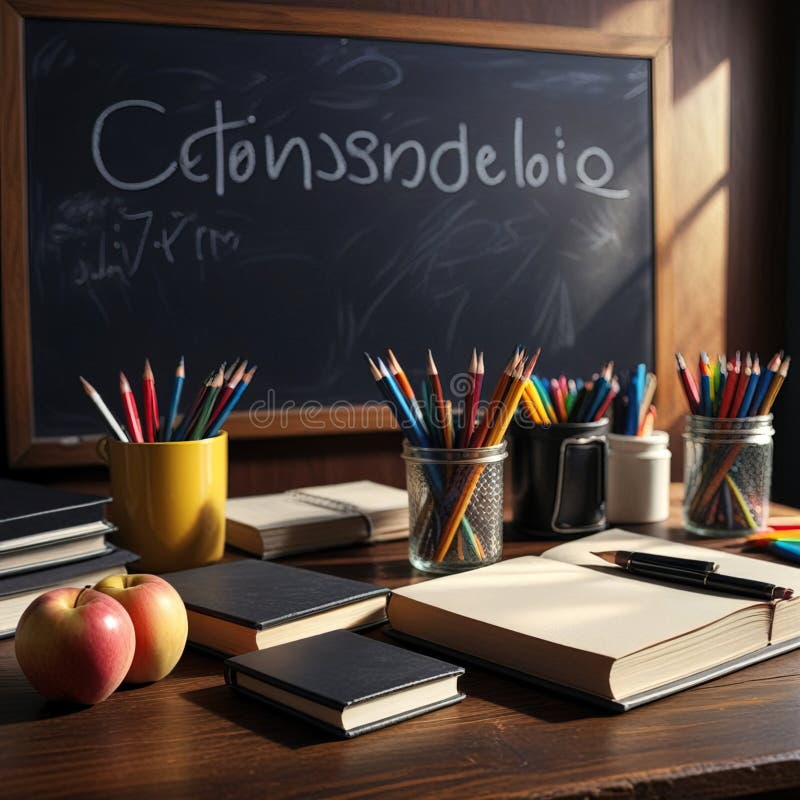 Supplies for School on the Table and Black Chalkboard Stock ...