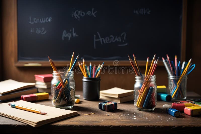 Supplies for School on the Table and Black Chalkboard Stock ...