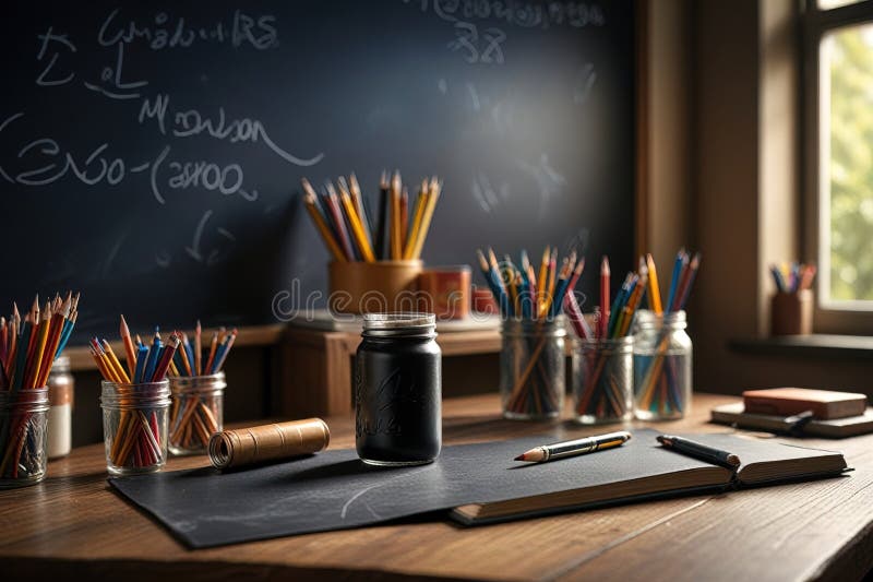Supplies for School on the Table and Black Chalkboard Stock ...