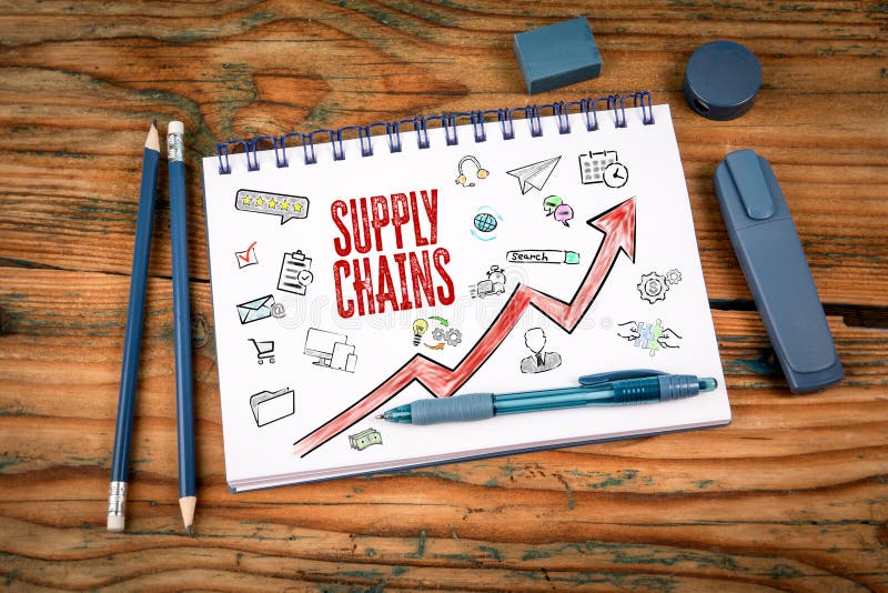 Supply Chains Concept with Drawings and Growth Arrow in Notepad Stock ...