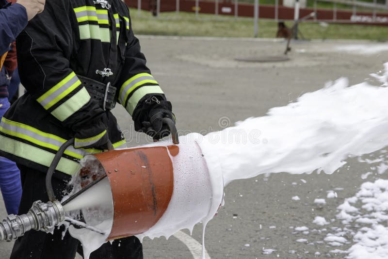 Supply of Foam from a Foam Generator, Fire Extinguishing Foam Flies ...
