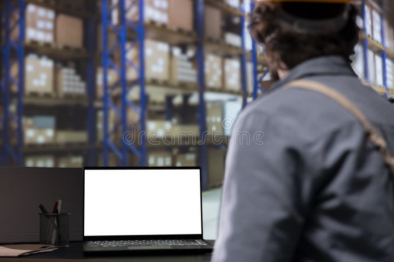 Supply Manager Using Laptop with Blank Display on Layout Stock Image ...