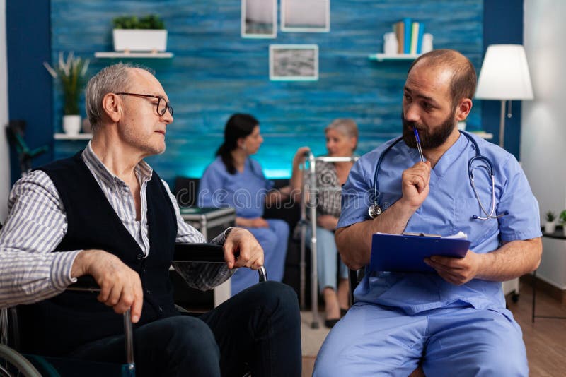 Support Assistant Man Worker Writing Medication Treatment on Clipboard ...