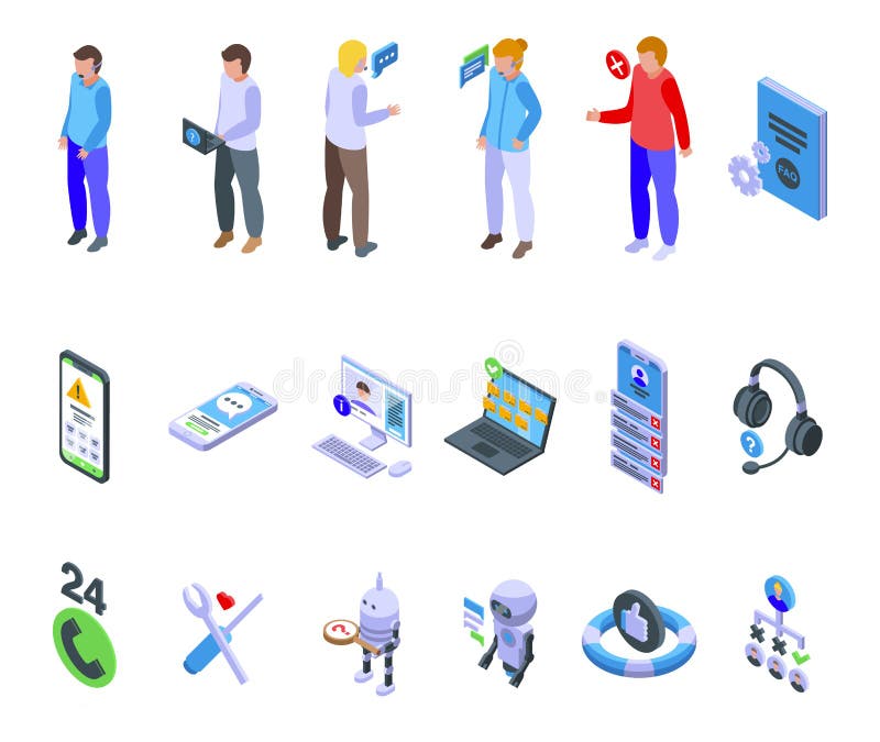 Support Chat Icons Set Isometric Vector. Call Center Stock Vector ...