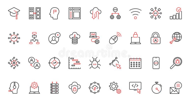 Support for Computer Software, Program Code Red Black Thin Line Trendy Icons Set, Maintenance ...