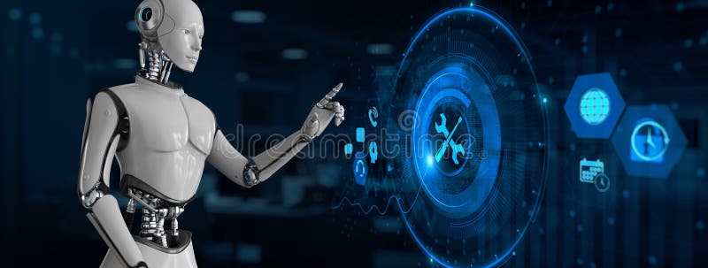Support Customer Service Automation. Robot Pressing Button on Screen 3d ...