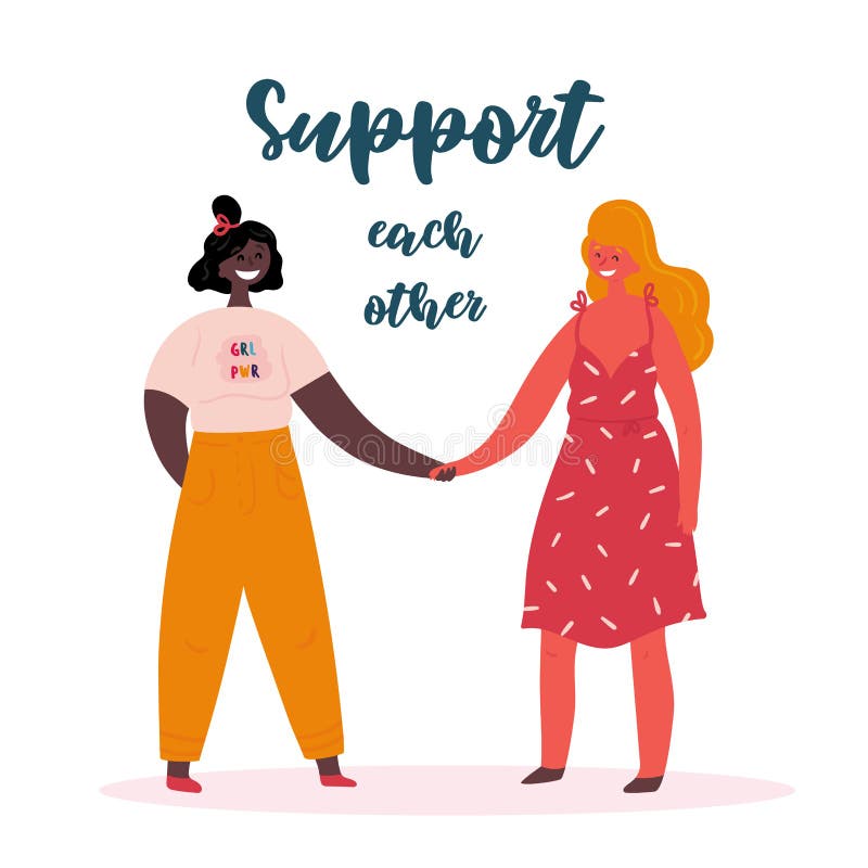 Support Each Other Two Girl Power Women Feminist Stock Vector