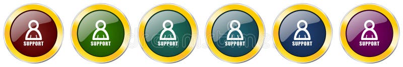 Support Glossy Icon Set, Silver Metallic Golden Vector Illustrations in ...