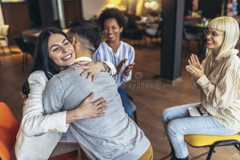 Support Group Patients Hug Each Other during the Therapy Session Stock ...