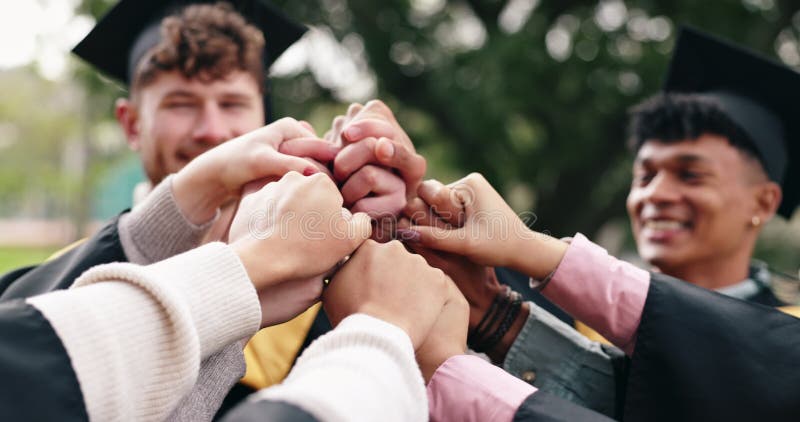 Support, Hands Together and Graduation in Connection or Huddle for ...