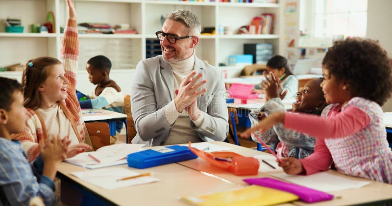 Support, Happy and Teacher with Kids in Classroom for Learning ...