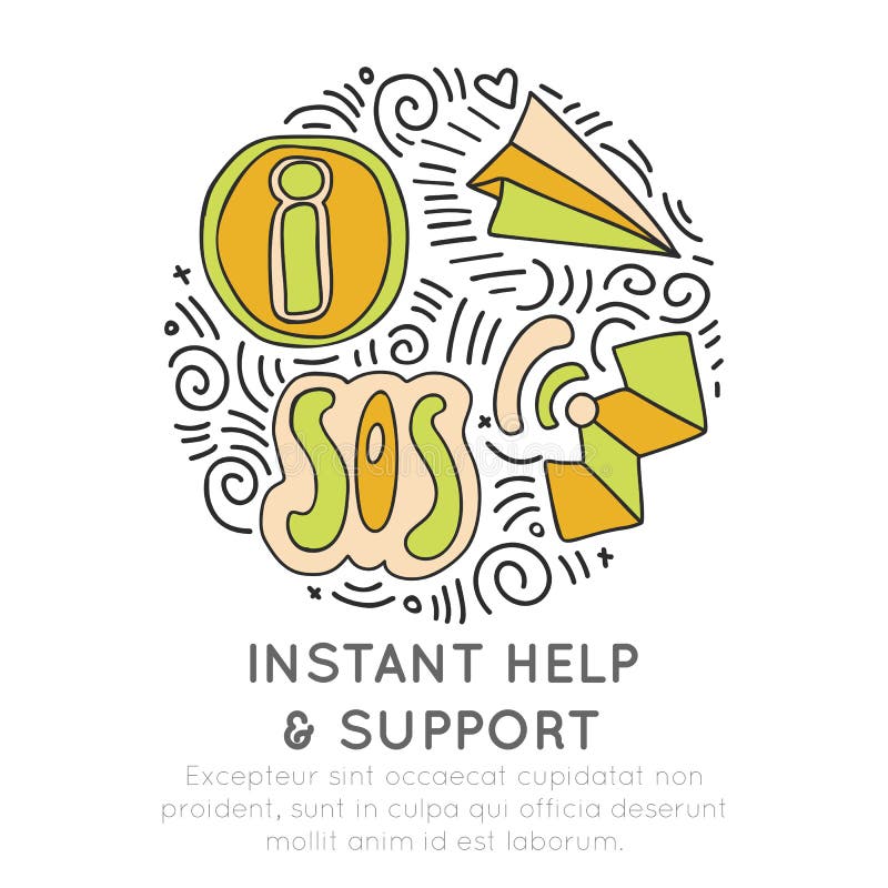Support and Help Vector Hand Draw Cartoon Icon in Circle Form with ...
