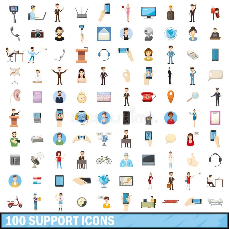 100 Support Icons Set, Cartoon Style Stock Vector - Illustration of ...