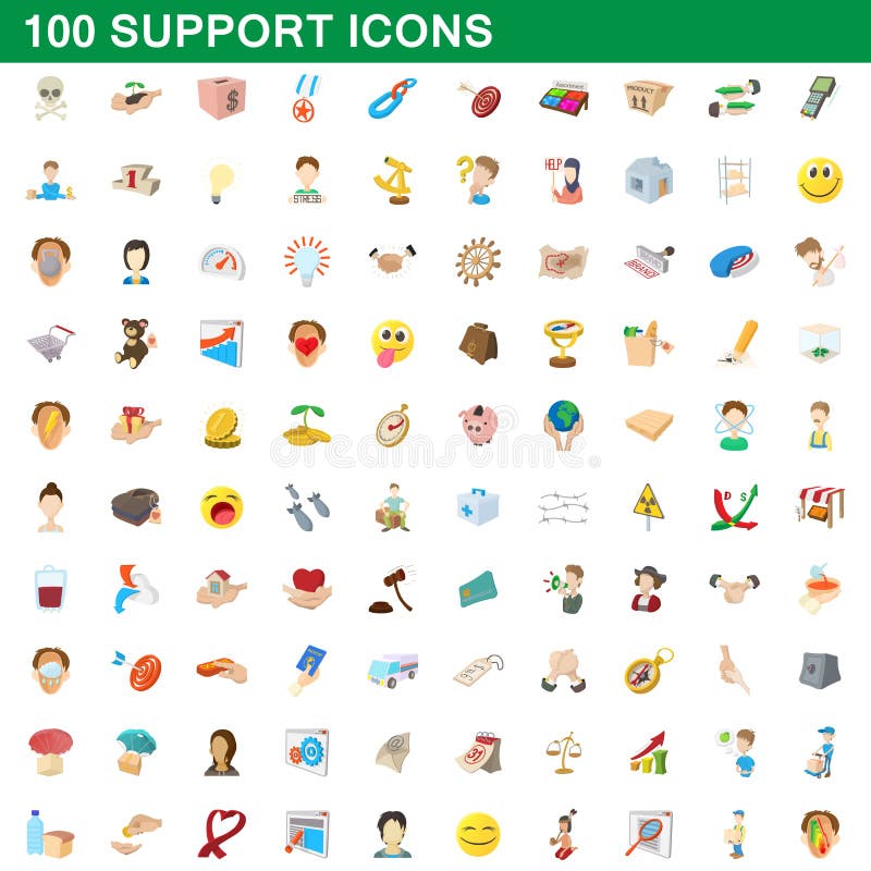 100 Support Icons Set, Cartoon Style Stock Vector - Illustration of ...