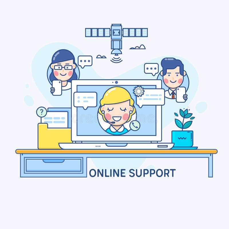 Support and Online Consultant Manager on the Screen of Laptop.Thin Line ...