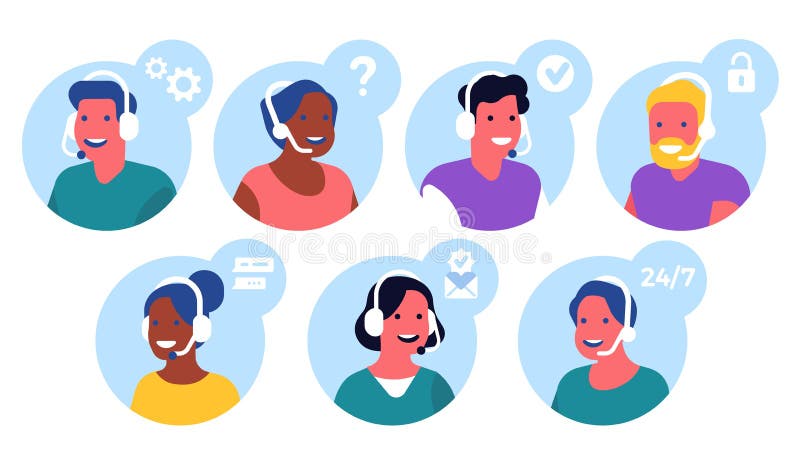 Support Operator Icons. Clients Care. Assistance Service. People Faces ...
