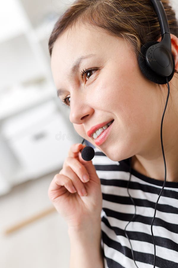 Support Phone Operator in Headset at Workplace Stock Photo - Image of ...
