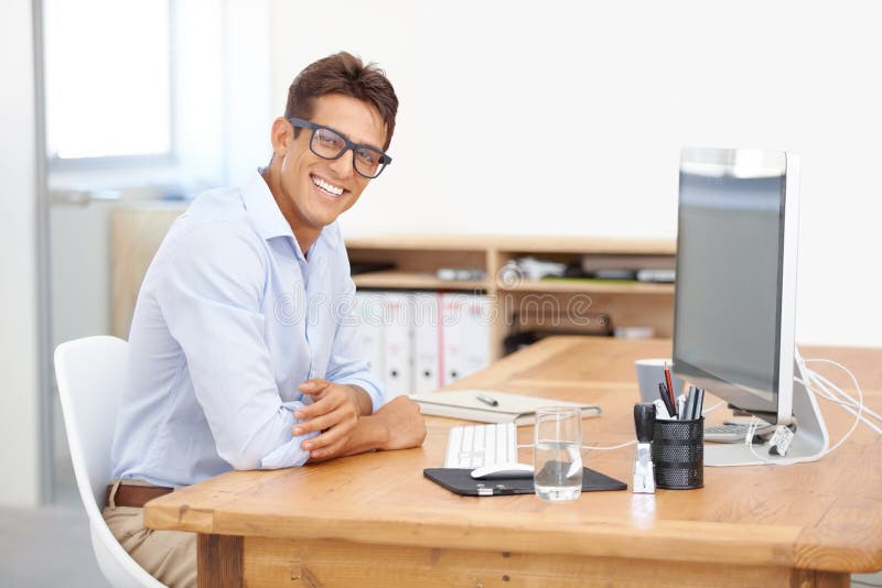 It Support, Portrait or Happy Man with Computer at Desk with ...
