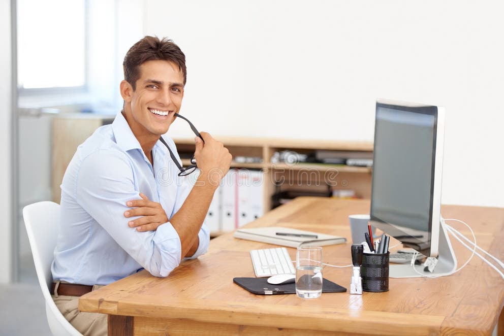 It Support, Portrait or Happy Man with Computer at Office with Information for Web Design or ...