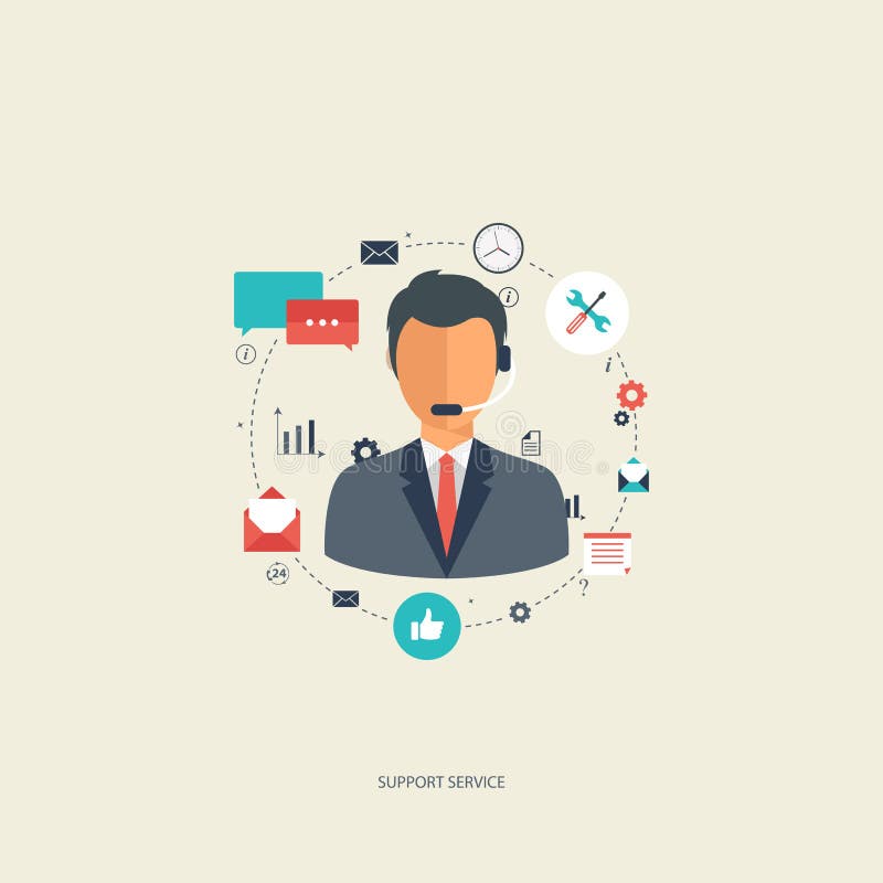 Flat Design Illustration with Icons. Technical Support Assistant Stock ...