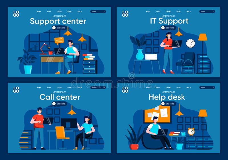 Support Service Flat Landing Pages Set. Helpline Operator with Headset ...